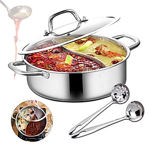 LYNICESHOP 304 Food Grade Stainless Steel Shabu Shabu Hot pot with Divider&Lid for Induction Cooktop Gas Stove Dual Sided Soup Cookware with 2 Soup Ladles