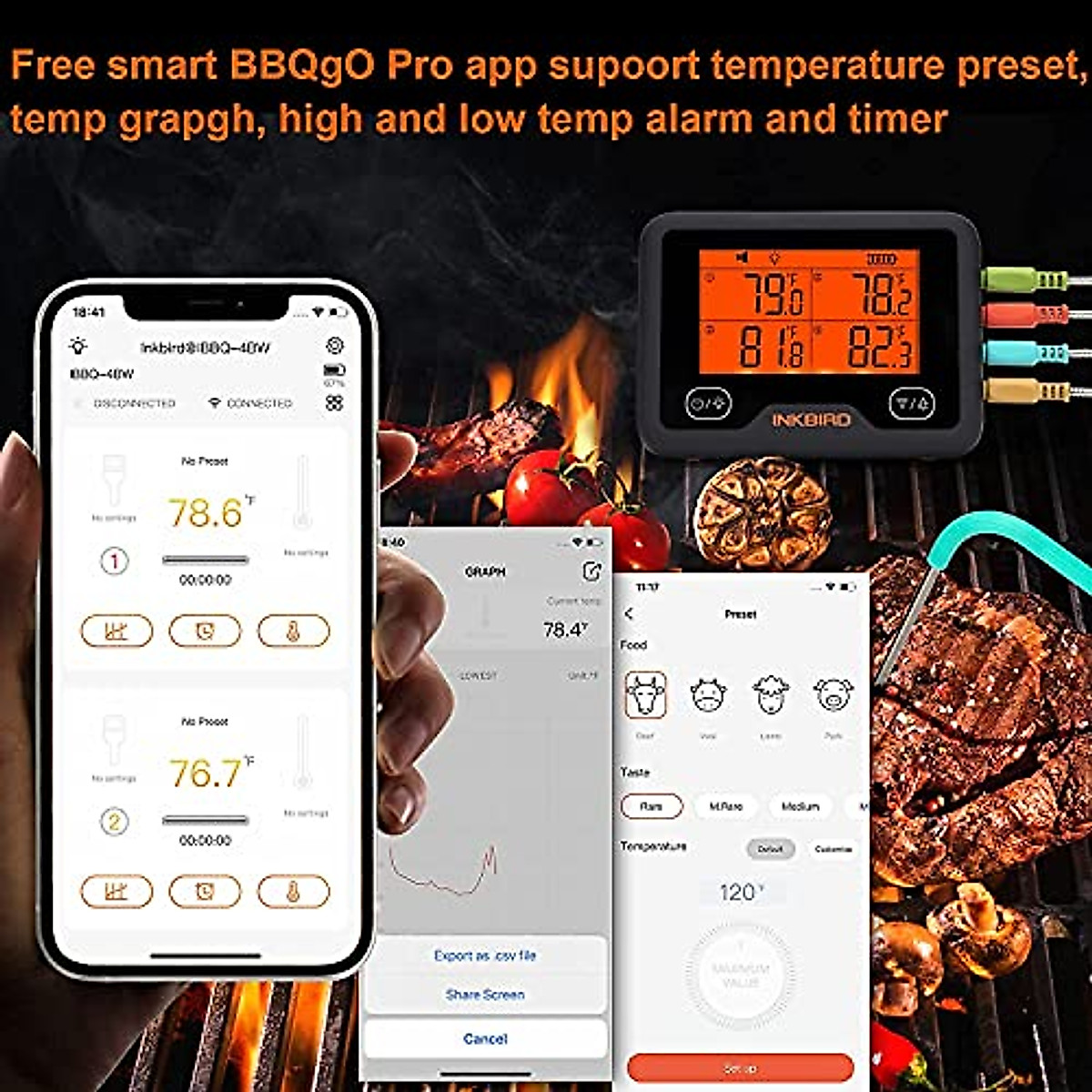 Inkbird Wi-Fi/Bluetooth Meat Thermometer IBBQ-4BW & Instant Read Thermometer IHT-1P, Digital Wireless WIFI Thermometer for Smoker Oven, Large LCD Backlight, Timer High/Low Alarm, 4 Probes Rechargeable