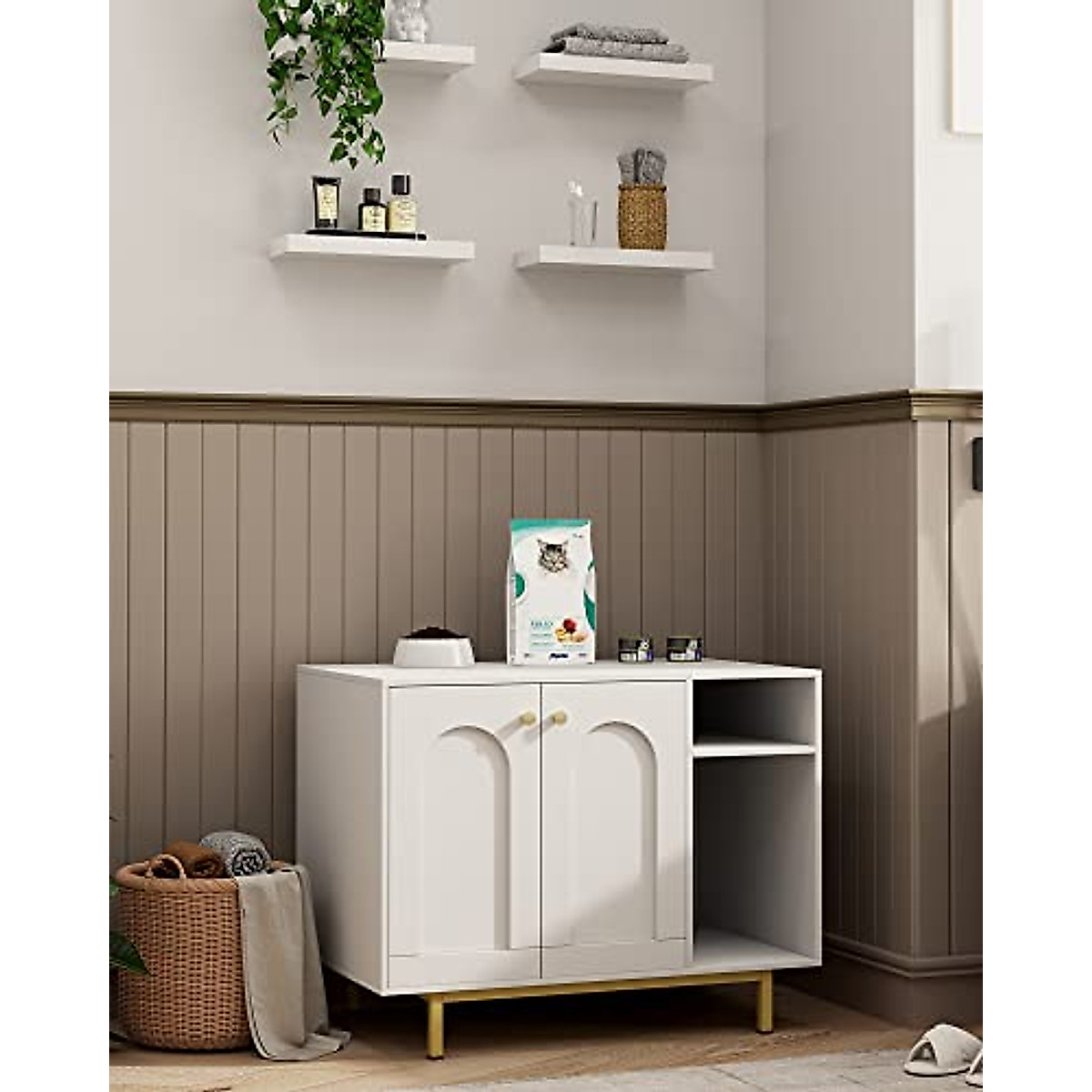 Hzuaneri Cat Litter Box Enclosure, Hidden Litter Box Furniture, Wooden Pet House Side End Table, Storage Cabinet Bench, Fit Most Cat and Litter Box, Living Room, Bedroom, White and Gold 01503GCLB
