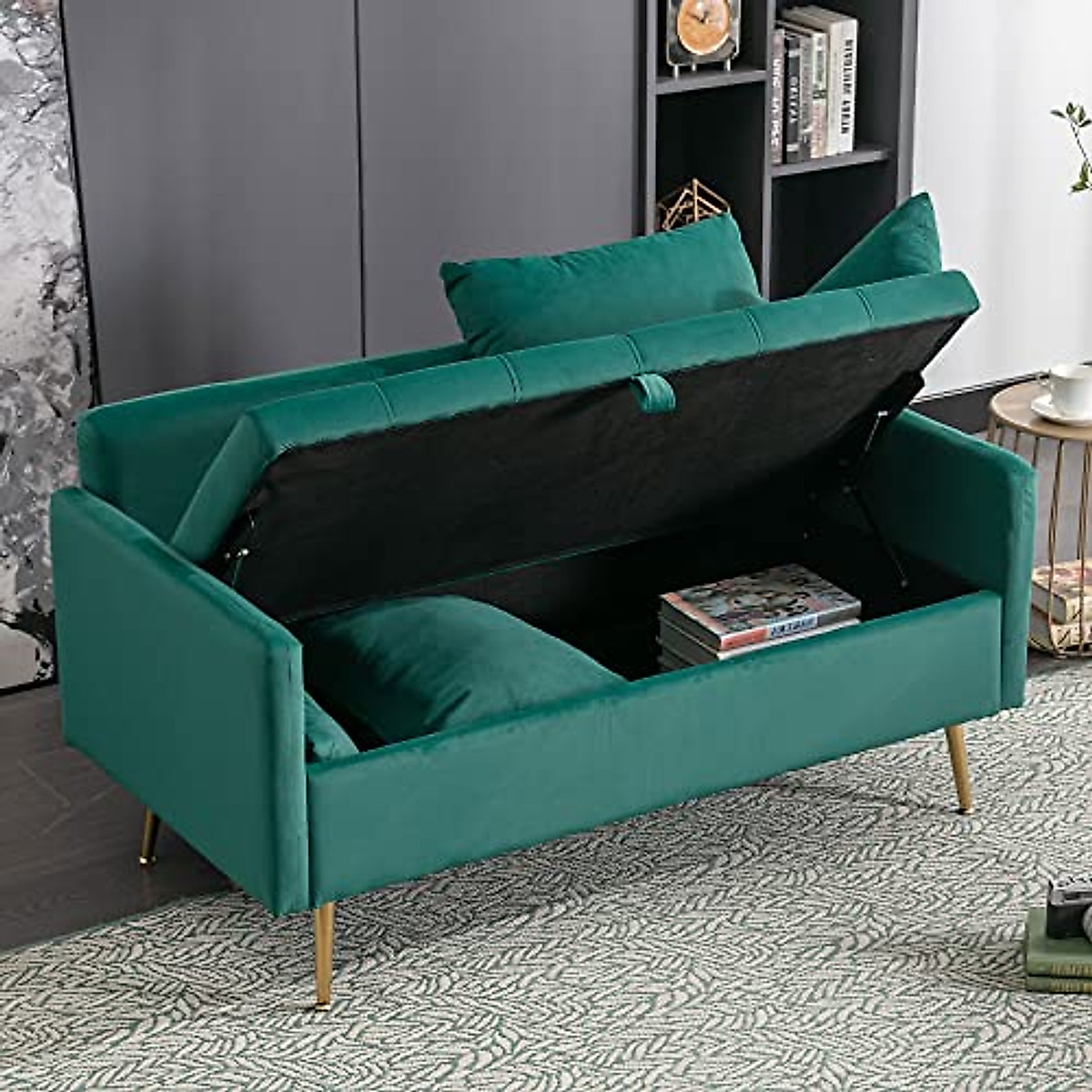 DM Furniture Mini Loveseat with Storage, Modern 53" Button Tufted Velvet Tiny Sofa Couches for Living Room/Bedroom/Office/End of Bed, Peacock Green