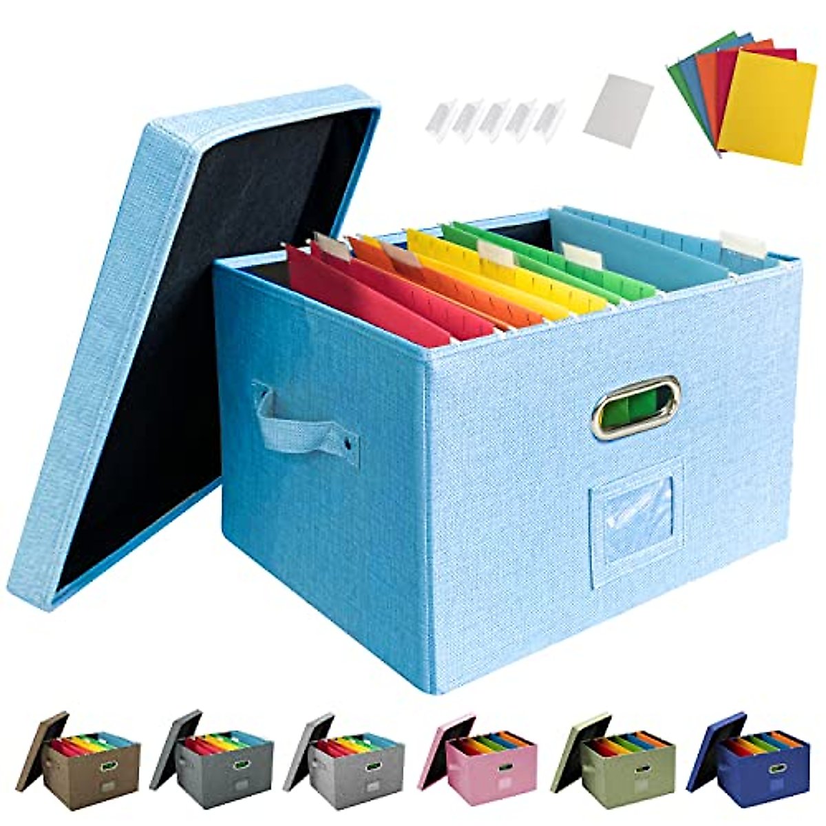 JSungo File Box with 5 Hanging Filing Folders, Document Organizer Storage for Office, Collapsible Linen Storage Box with Lids, Home Portable Storage with Handle, Letter Size Legal Folder, Blue