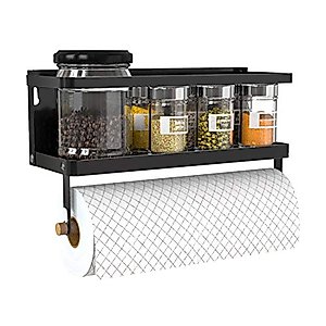 Magnetic Paper Towel Holder , 2-in-1 Magnetic Spice Rack with Hooks,Wall Mount Shelf Towel Rack for Refrigerator (Black, With hook)