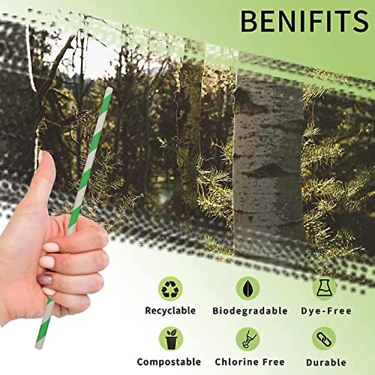 Green White Striped Straws, Disposable Paper Straws Spring Green Biodegradable Paper Drinking Straws 7.75 inch (100 of Box)