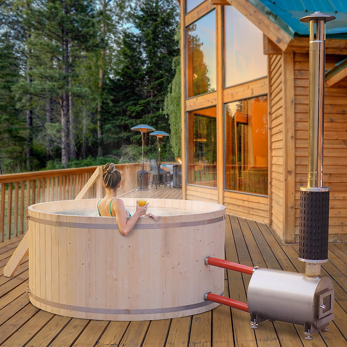 Wood-Fired Hot Tub and Ice Bath | Wood-Burning Hot Tub | Cold-Plunge Tub | 4-5 Person | 422 Water Gallon Capacity | Pine