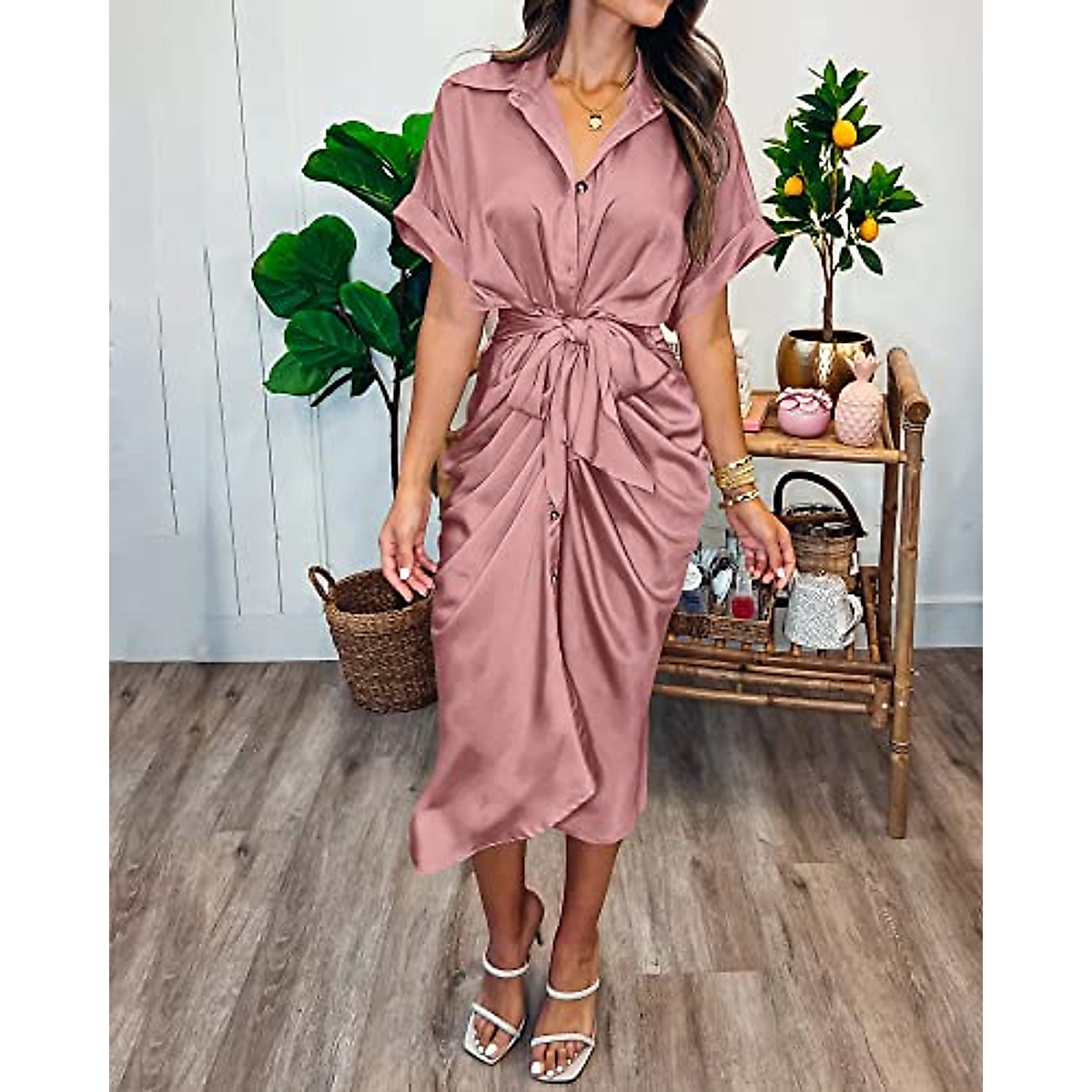 BTFBM Women 2023 Button Down Ruched Shirt Dresses Short Sleeve Lapel V Neck Elegant Party Spring Summer Maxi Satin Dress(Short Sleeve Pink, Small)