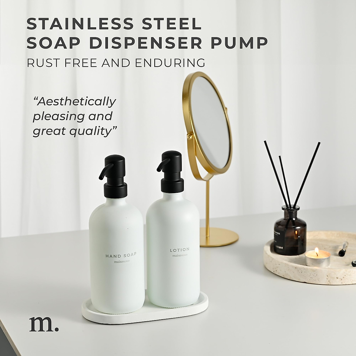 MaisoNovo Soap Dispenser 3-Piece Set | 16.9oz White Bottles with Black Stainless Steel Pumps