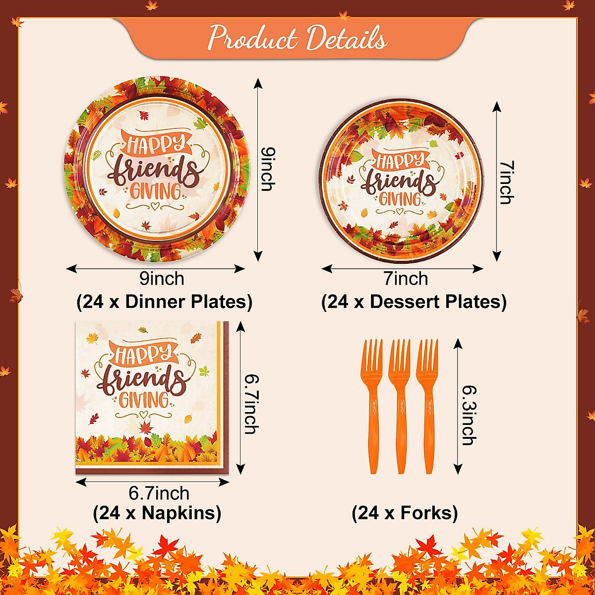 KORHONEN Friendsgiving Party Decorations, 96Pcs Thanksgiving Tableware Set Includes Friendsgiving Napkins Plates Forks, Friendsgiving Maple Leaves Party Supplies