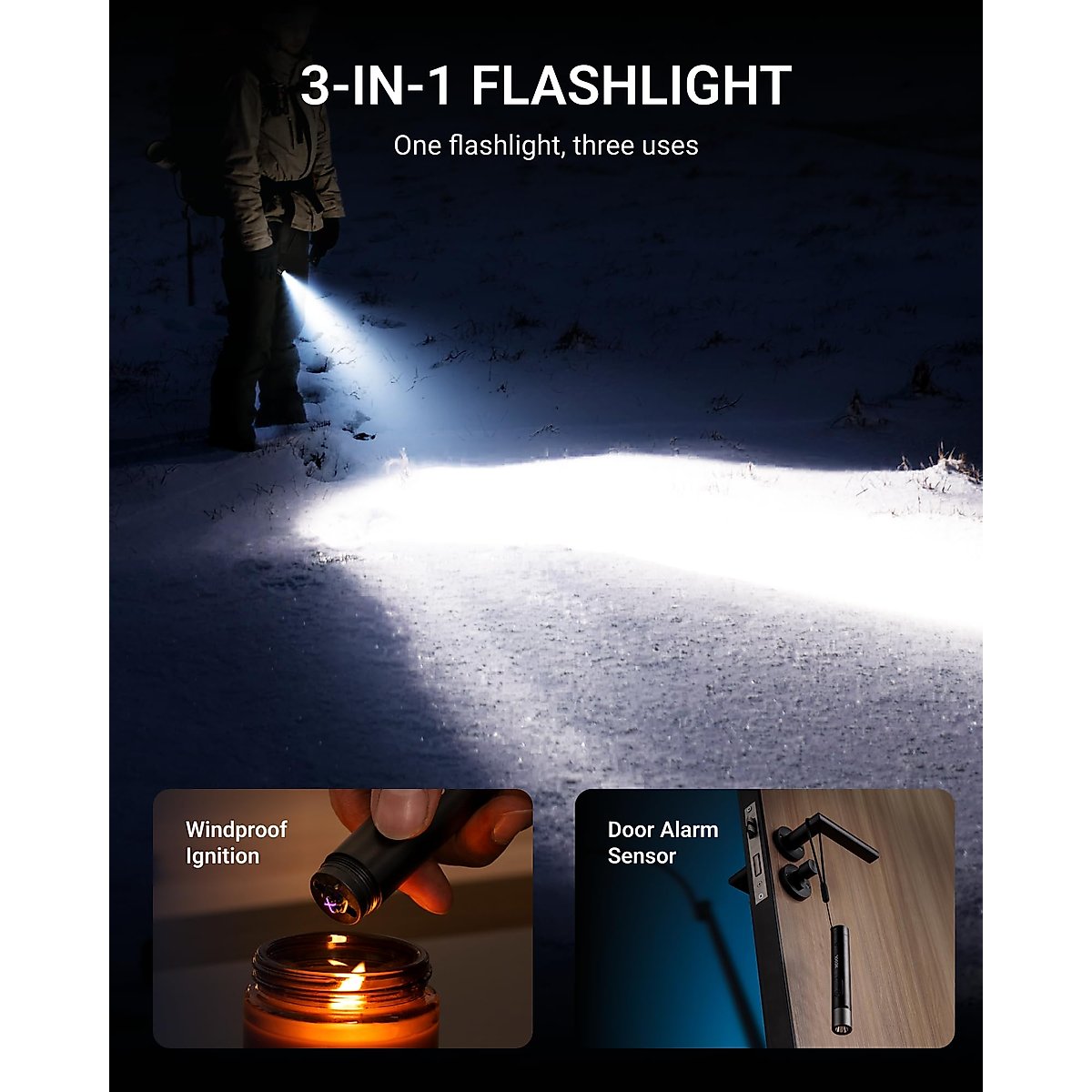 XCOOL 3-in-1 Powerful Flashlight with Arc Lighter and Door Alarm, USB C Charging Flashlights High Lumens Rechargeable, Super Bright Flashlight for Emergency, Camping, Home(1 Pack)