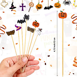 Halloween Cocktail Picks Pumpkin Spider Hat Ghost Letters Bamboo ToothPicks Appetizer Bamboo Toothpicks for Halloween Cake Food Decoration (100 Pieces)