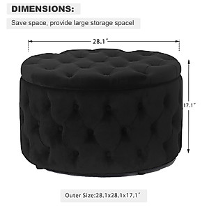 Homebeez 28 Inch Round Velvet Storage Ottoman, Button Tufted Footrest Stool Coffee Table for Living Room, Black