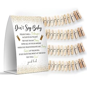 Don't Say Baby Set - One 5x7 Sign and 50 Mini Clothespins, Baby Shower Games, Baby Shower Decoration, Gender Neutral Baby Shower - MsJb035