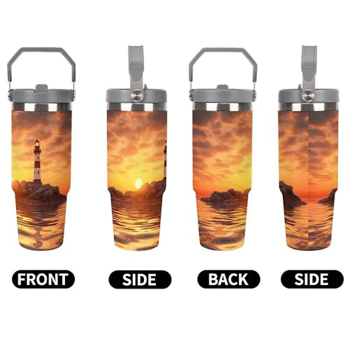 STVNKML 30 Oz Tumbler with Handle And Straw, Sea Lighthouse in Sunset Leakproof Stainless Steel Water Bottle for Hot & Cold Drinks 24 Hours, Car Cup Holder Friendly, Travel Mug for Home, Office, Gym