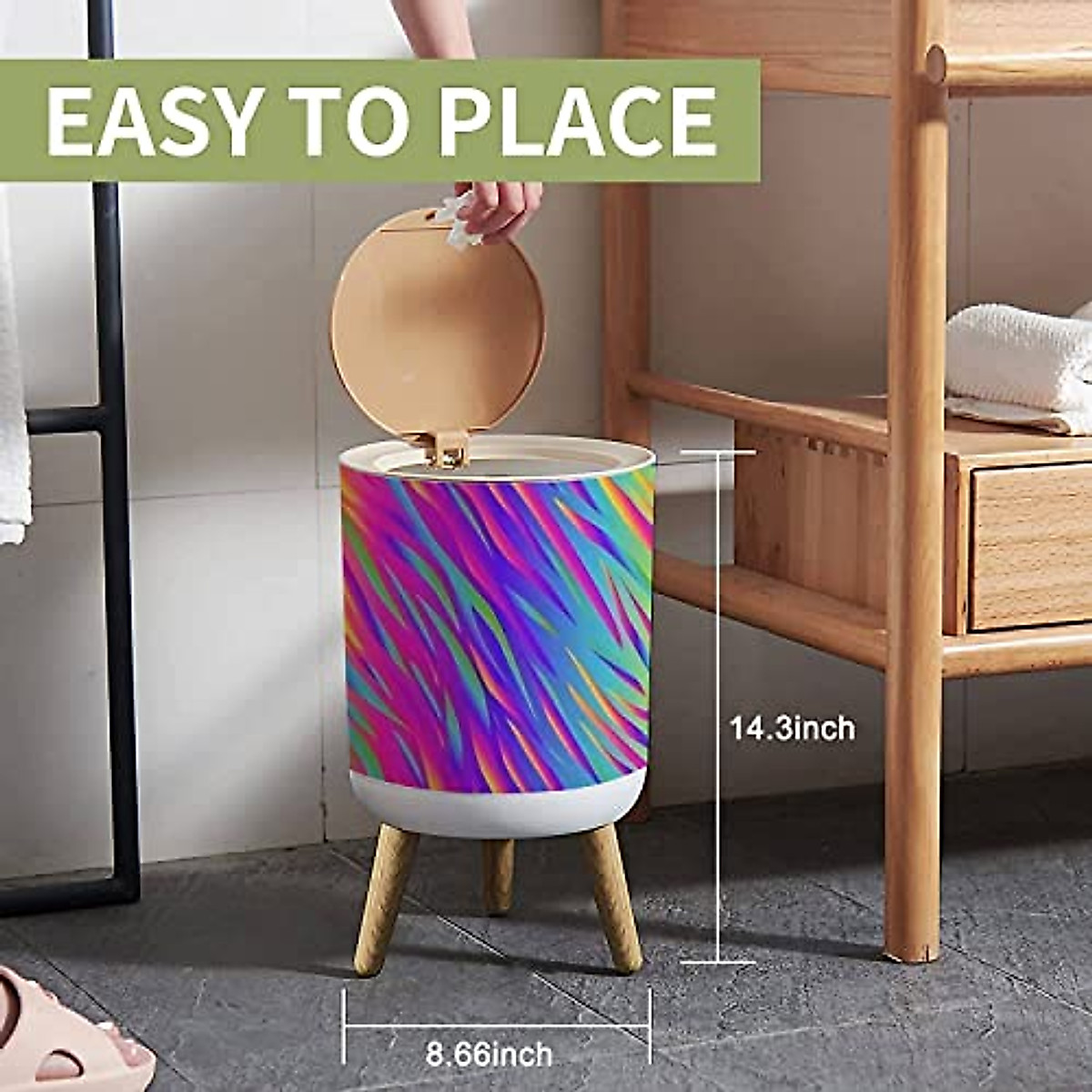 Small Trash Can with Lid Zebra Rainbow Abstract Seamless Colorful Stripes Repeating Printing Garbage Bin Wood Waste Bin Press Cover Round Wastebasket for Bathroom Bedroom Diaper Office Kitchen