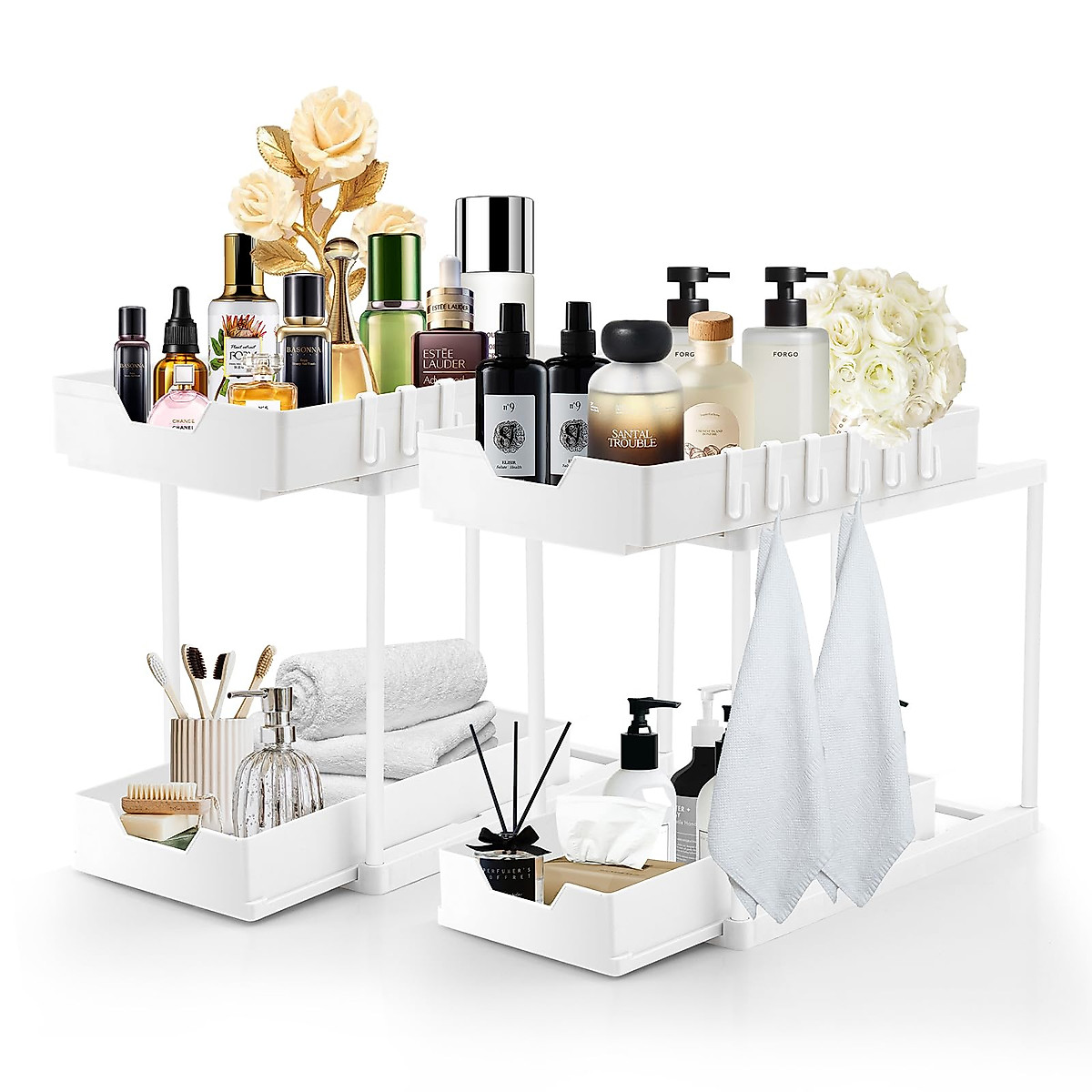 2-Tier Under Sink Organizer Storage, Double Sliding Under Cabinet Basket Organizer with 2 Pull Out Drawers & 4 Hooks, Multi-Purpose Under Shelf Organizer for Bathroom Kitchen (White, 2 Pack)