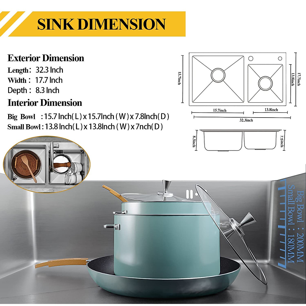 Double Bowl Kitchen Sink, Drop In 32.3 x 17.7 Stainless Steel Topmount Bar Sink Nice Kitchen Sink With Gift-Soap Dispenser, Faucet Mat, Drain Strainer Set for Modern Kitchen Sink