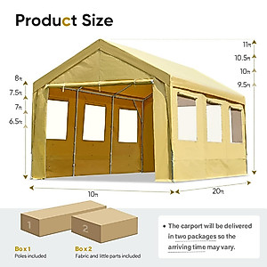 ADVANCE OUTDOOR 10x20 ft Heavy Duty Adjustable Carport with 6 Roll-up Ventilated Windows & Removable Sidewalls Car Canopy Garage Boat Shelter Party Tent, Peak Height from 9.5ft to 11ft, Beige Yellow