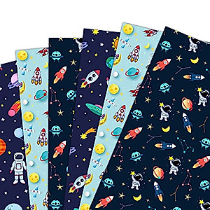 Birthday Wrapping Paper 6 Sheets Gift Wrap 20 x 30 inches per sheet (Folded Flat 6 sheets in 3 Designs: 26 sq. ft. ttl.), Astronaut Solar System Planets Rocket Alien Galaxy Pattern- for Space Lover Boys Kids Baby Shower Kindergarten Party