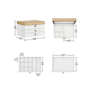 SONGMICS Jewelry Box, 3-Tier Jewelry Organizer Box, Locking Jewelry Case with Large Mirror, 2 Drawers, Gift Idea, for Rings, Earrings, Bracelets, Necklaces, White and Wood Grain Color UJOW15WN
