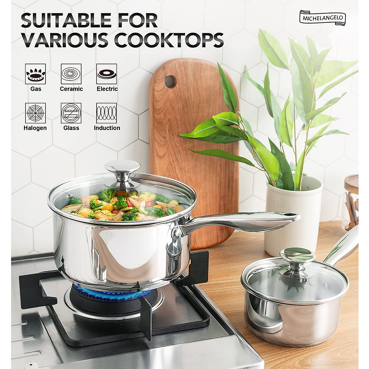 MICHELANGELO 2 Piece Stainless Steel Saucepan Set - 1Qt & 2Qt, Premium German Technology Sauce Pans, Induction Compatible 18/10 Stainless Steel