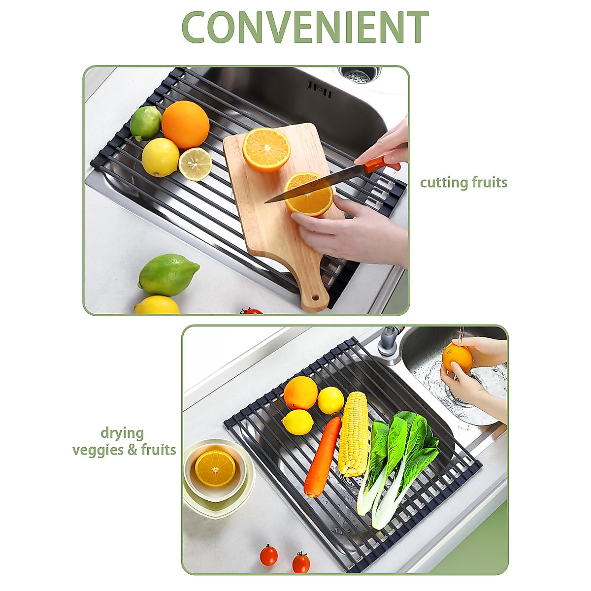 VICEAXY Roll-Up Dish Drying Rack 17” x 13”, Stainless Steel with Silicone Wrapped Drainer Rack, Foldable Sink Rack Mat for Kitchen Dishes, Cups, Fruits, Vegetables (M, Black)