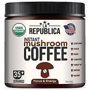 La Republica Organic Mushroom Coffee (30 Servings) with 7 Superfood Mushrooms, Great Tasting Arabica Instant Coffee, Includes Lion's Mane, Reishi, Chaga, Cordyceps, Shiitake, Maitake, and Turkey Tail