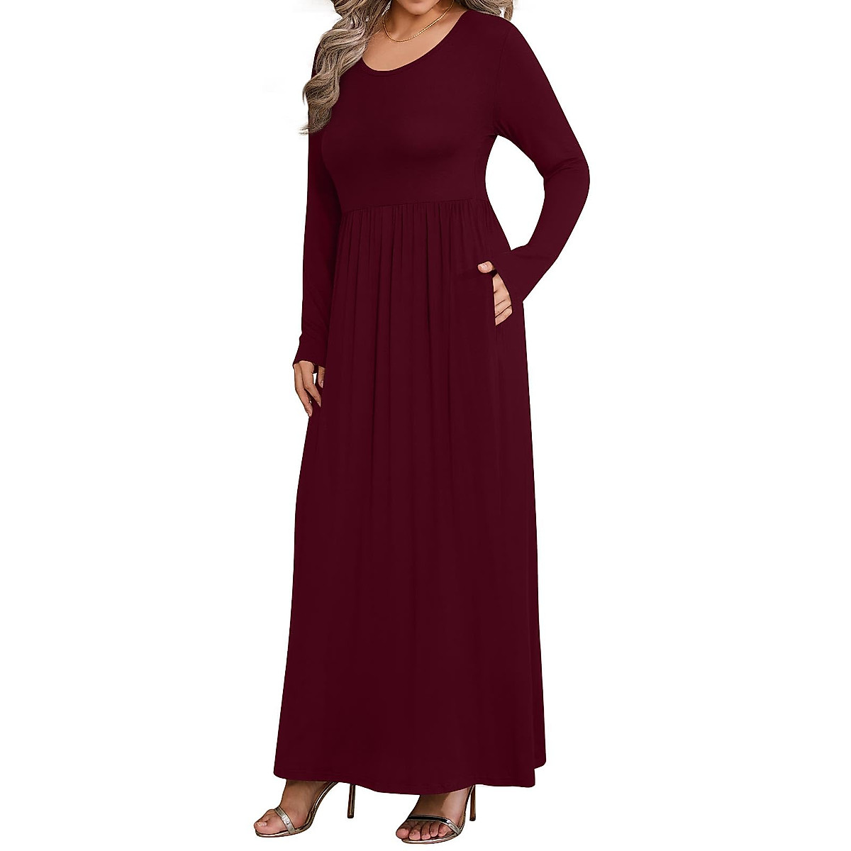 BISHUIGE Womens XL-6XL Casual Plus Size Maxi Dresses with Pockets 2XL, Wine Red