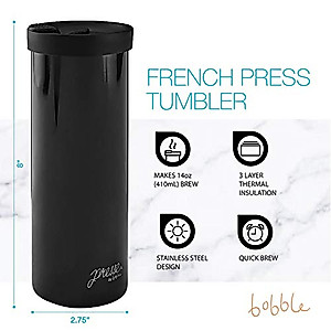 bobble French Coffee Presse, On-The-Go use, Quick Brew, Slim Design, Triple Wall Insulation, 14 oz (Peacock)