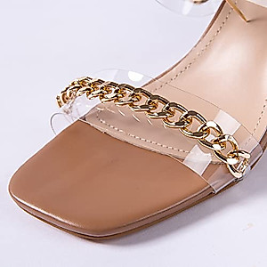 N.N.G Women Clear Heel Sandals Chunky Heels Two Strap Block Square-Toe Leather Comfortable Sandals Nude Size 6