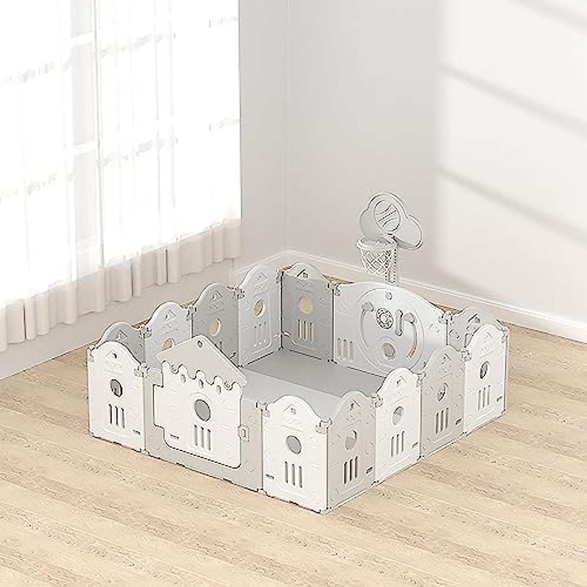 Veemuaro Baby Playpen, Portable 14-Panel Foldable Playpen, Large Baby Playard with Game Panel, Adjustable Shape Kids Activity Centre Safety Play Yard Home Indoor Outdoor