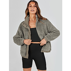ANRABESS Womens Fleece Jacket Casual Long Sleeve Cropped Sherpa Button Down Fuzzy Warm Coats Fall Outwear With Pockets Grey Medium