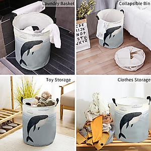 Whale Large Laundry Basket, Waterproof Laundry Hamper for Baby Clothes, Blue Sea Underwater Clouds Sky Cartoon Draw Foldable Laundry Baskets with Handles, 16.5''x17''