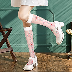 Benefeet Sox Womens Girls Cute Lace Knee High Socks Purple Sheer Mesh Knee High Stockings Transparent See Through Ultra Thin Silk Fancy Flower Patterned Printed Long Stocking Socks, Purple Floral