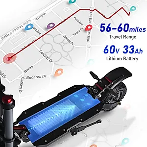 60V33AH Adult Electric Scooter Dual Drive 5600W Motor, Max Speed 50mph, Max Range 60 Miles, 11 Inch All Terrain Off-Road Tires, Electric Scooter with Detachable Seat