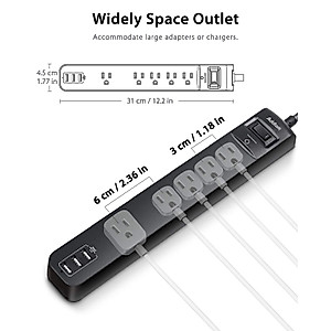 2 Pack Power Strip Surge Protector, 5 Widely Spaced Outlets 3 USB Charging Ports & Power Strip Surge Protector with 10 Outlets and 4 USB Ports