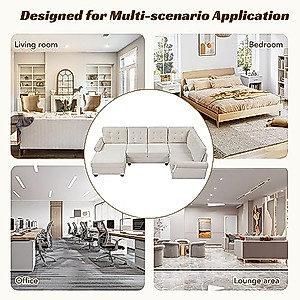 FULife Modern U-Shaped Sectional Sofa with Chaise Lounge,Comfy Modular Couch w/Nailhead Trim Armrest,Linen Fabric Upholstered 6-Seater Corner Sofá for Living Room Apartment Office, Beige 120" w