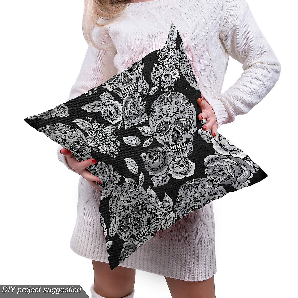 Lunarable Gothic Fabric by The Yard, Composition of Skeleton Skull Heads and Flowers Dark and Scary Details, Decorative Fabric for Upholstery and Home Accents, 1 Yard, Grey Charcoal