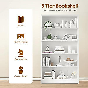 Soohow White Bookshelf, Bookcase with Adjustable Shelves, 5 Shelf Bookcase, Book Case, Wood Bookshelf, Large Tall White Bookshelf for Living Room, Bedroom, 60 in Tall, 33 in Wide, 11.6 in Deep