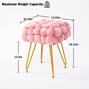 Square Velvet Vanity Stool, Upholstered Ottoman Foot Rest with Adjustable Metal Legs, Makeup Ottoman for Bedroom, Dressing Room, Living Room, Pink