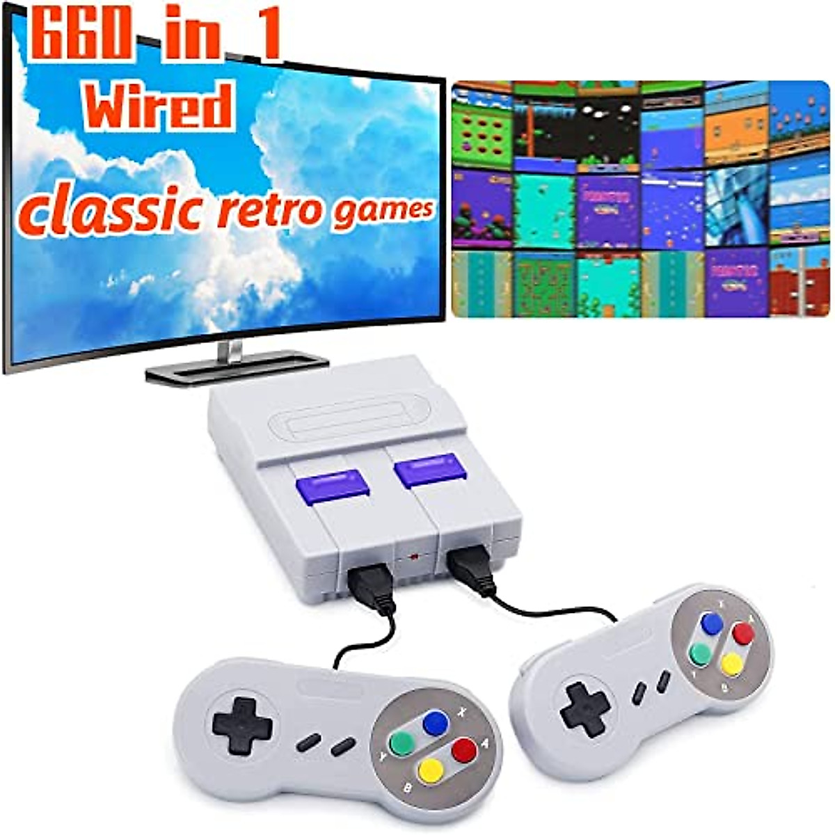 Super Retro Game Console,Classic Mini Console with Built-in 660 Video Games and 2 Classic Controllers,Plug and Play Game System for Kids and Adults