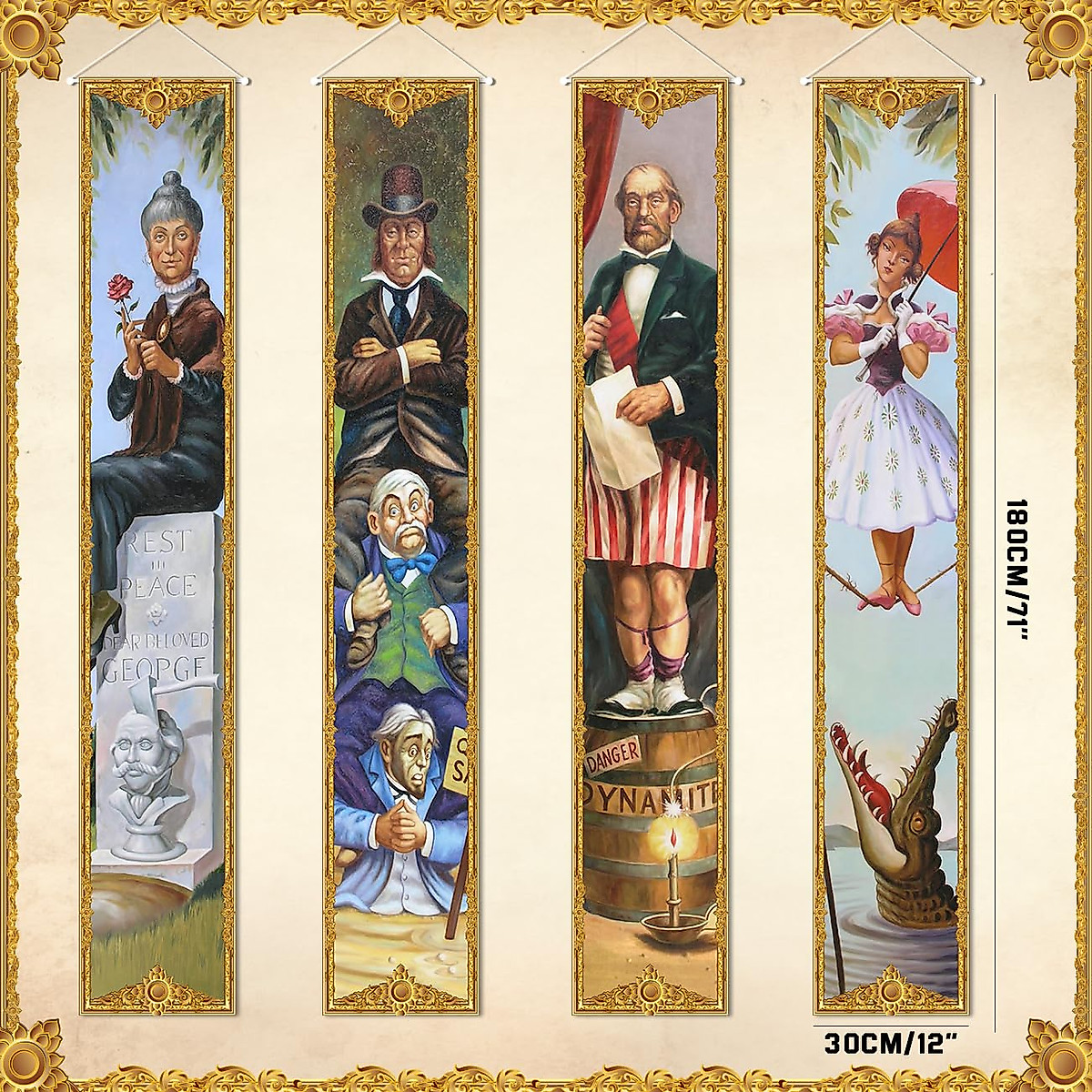 4pcs Haunted Mansion Stretching Portraits Outdoor Halloween Decoration, Haunted Mansion Porch Sign Banner Halloween Vintage Banner for Home Wall Hanging Decor