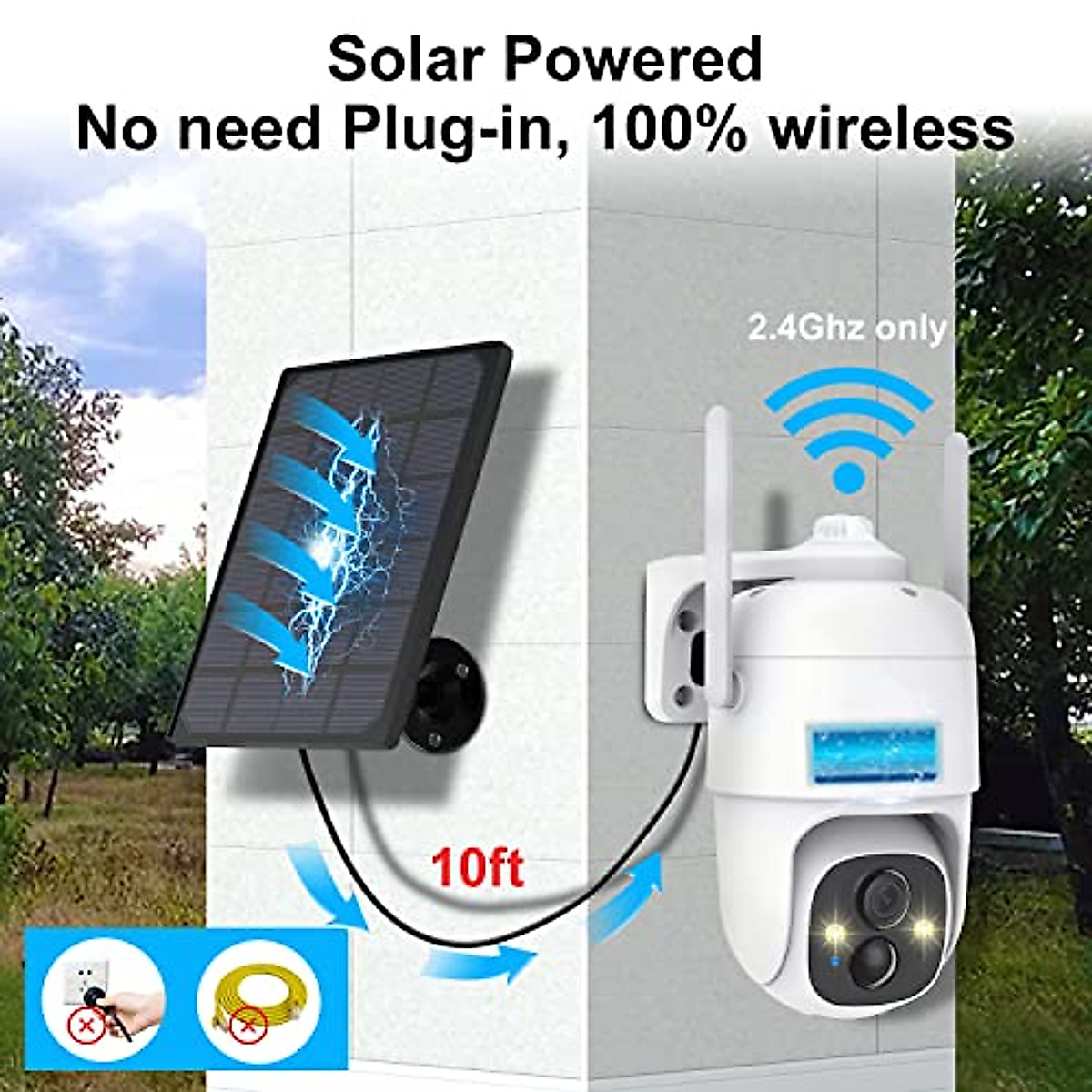 Wireless Solar Outdoor Security 2K PTZ AI Motion Detection Audio WiFi Camera,Home Security,Spotlight Colorful Night Vision,360 View,IP65 Waterproof,PIR Alarm,Rechargeable Battery,2-Way Talk,SD /Cloud