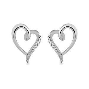 Jewelili Heart Diamond Stud Earrings in 10K White Gold, Minimalistic Dainty Earrings