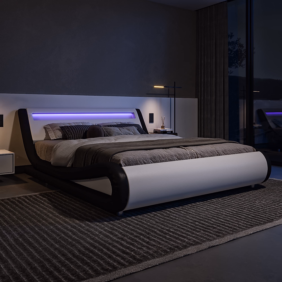 Allewie King Size LED Platform Bed Frame with Adjustable Headboard/No Box Spring Need/Easy Assembly/Faux Leather in White and Black