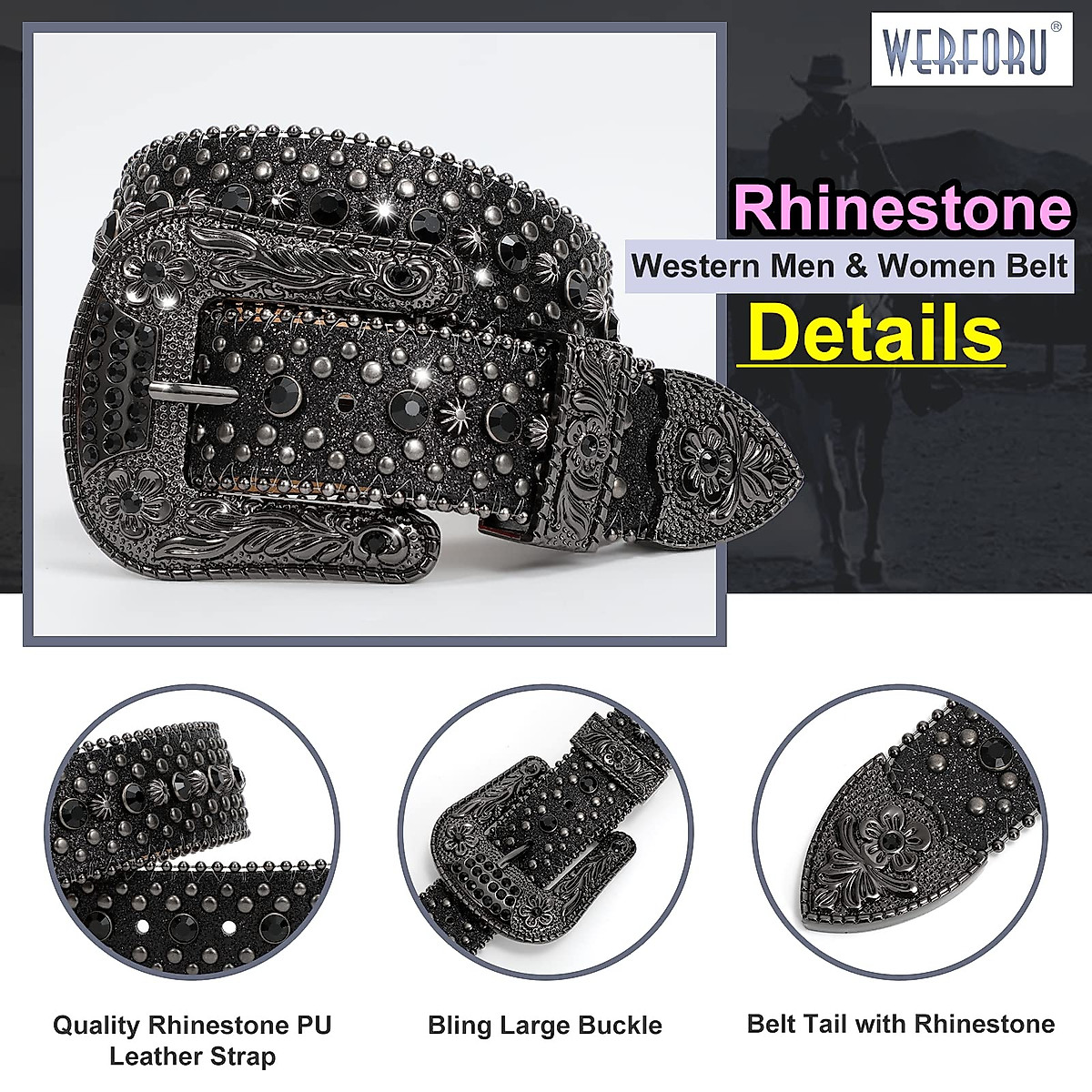 WERFORU Women Men Rhinestone Studded Western Leather Belt Ladies Vintage Bling Cowgirl Cowboy Waist Belt for Jeans Dress
