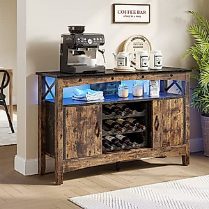 Bestier Wine Bar Cabinet with Detachable Wine Rack Insert, Farmhouse Coffee Bar Sideboard with LED Lights,Wood Entryway Console with Barn Door Rustic Brown