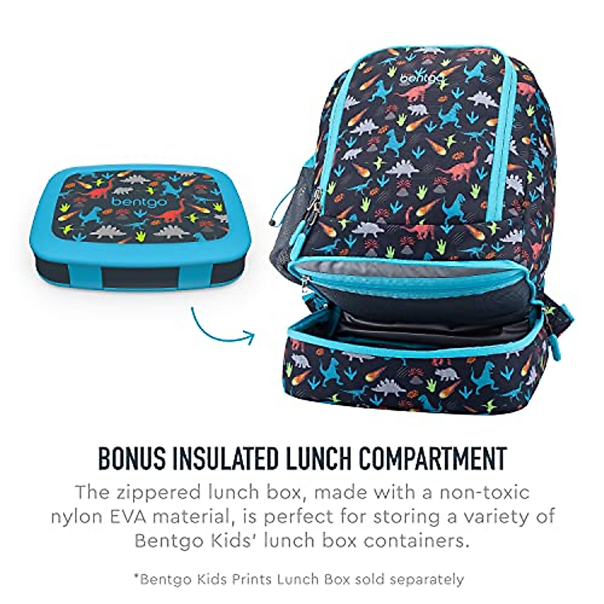 Bentgo® Kids Prints 2-in-1 Backpack & Insulated Lunch Bag - Durable, Lightweight, Colorful Prints for Girls & Boys, Water-Resistant Fabric, Padded Straps & Back, Large Compartments (Dinosaur)