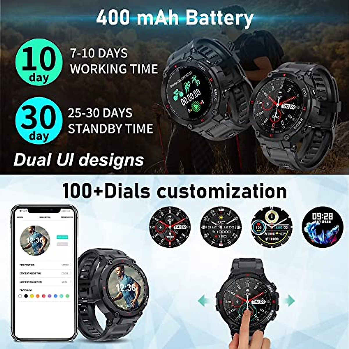 Military Smart Watch for Men Outdoor Tactical Smartwatch, ip67 Waterproof, Bluetooth Dail Calls Speaker 1.3" HD Touch Screen Tracker Heart Rate Monitor Sleep (Black + Band)