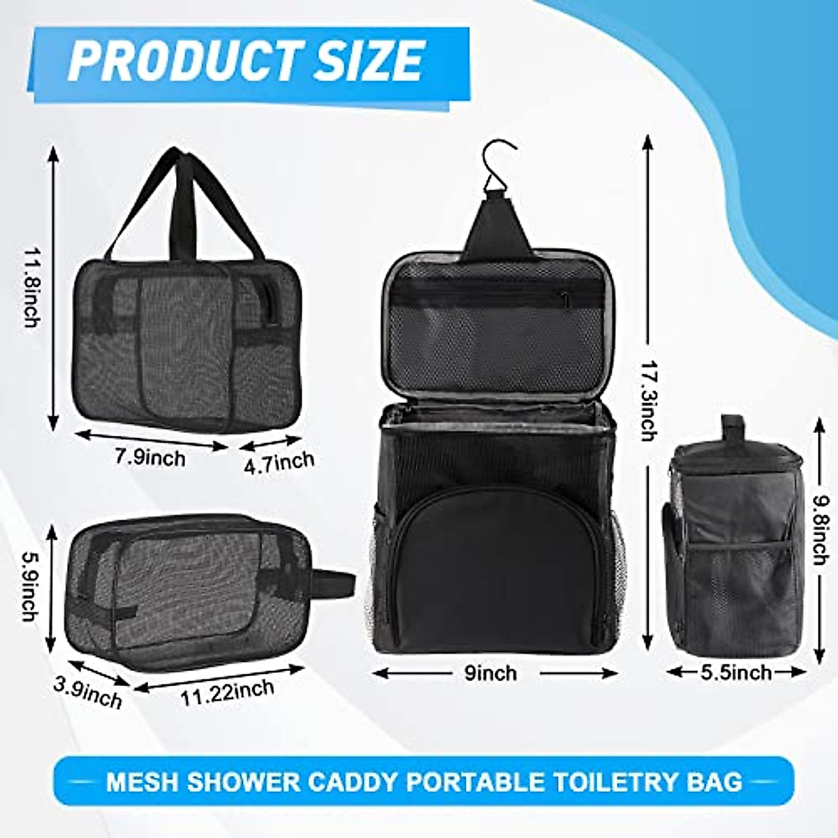 4 Pcs Portable Shower Caddy Set Quick Dry with Metal Hook Hanging Shower Bag Portable Toiletry Tote Gym Bag Breathable Mesh Shower Caddy Hanging Mesh Zipper Organizer Bag for Gym Dorm Bathroom