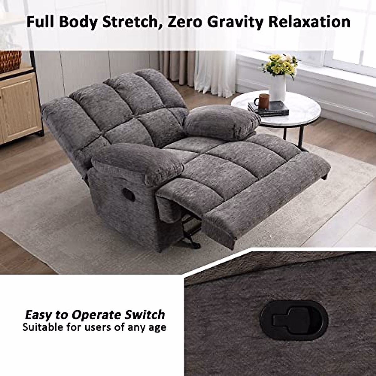 Dreamsir Oversized Rocker Recliner Chair, Manual Recliner Single Sofa Couch, Soft Fabric Overstuffed Rocking Chair for Living Room, Theater Seating for Big Man, Limestone Grey
