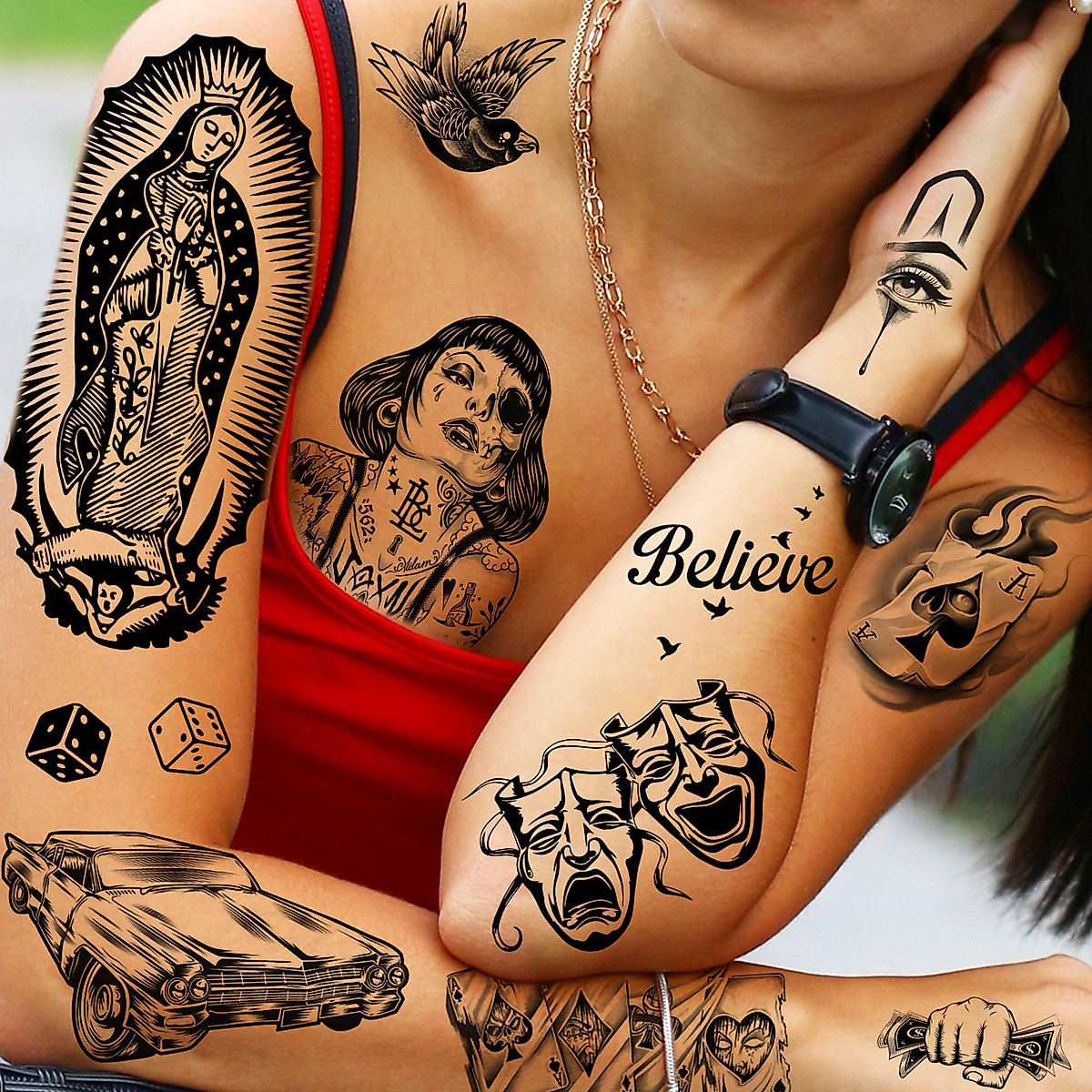 TASROI 6 Sheets Large Chicano Temporary Tattoos For Men Women Adult, Chicana Guadalupe Gangster Fake Tattoos Prisoner Day of the Dead, Halloween Mexico Tattoo Stickers, Tatuajes Temporales Autocolante